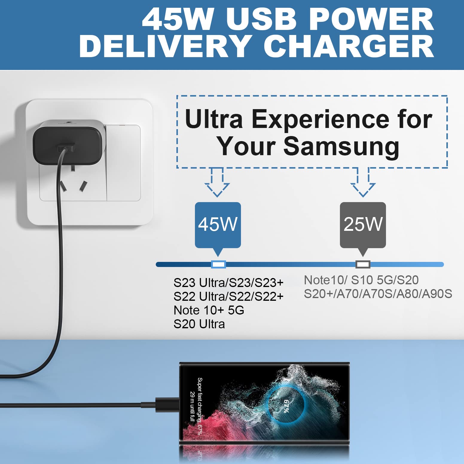 45W Super Fast USB C Wall Charger with 10ft Type C Long Fast Charging Cable for Galaxy S23 Ultra/S23/S22 Ultra/S22 Plus/S22/S21 Ultra/S21+/S20 Ultra/Note 20/Note 10+, Galaxy Tab