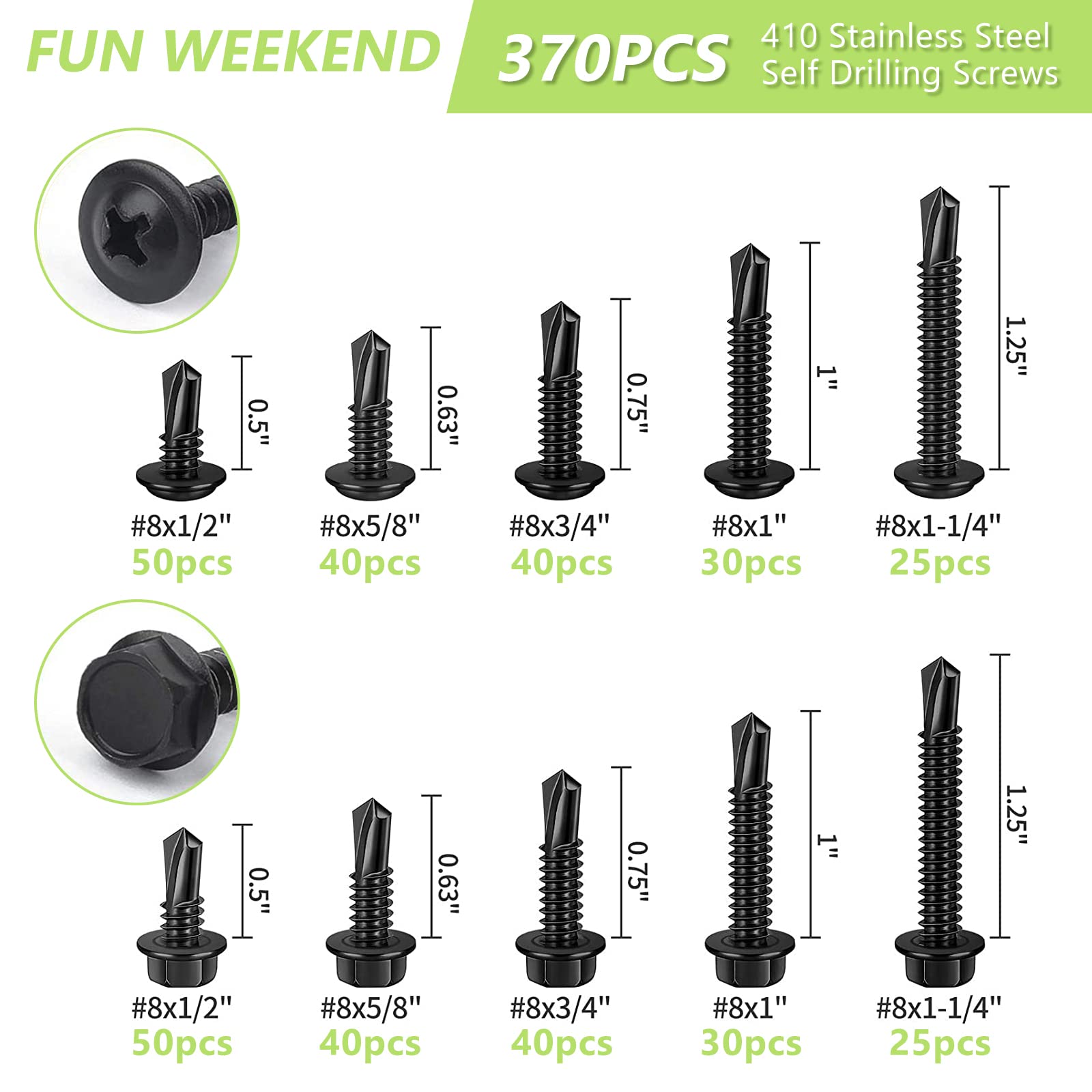 370pcs Self Tapping Screws, 8# Self Drilling Screw, Hex Washer & Modified Truss Head Self Tapper, 410 Stainless Steel Self Screws for Sheet Metal & Building Material, 1/2'' to 1-1/4'', Black Oxide