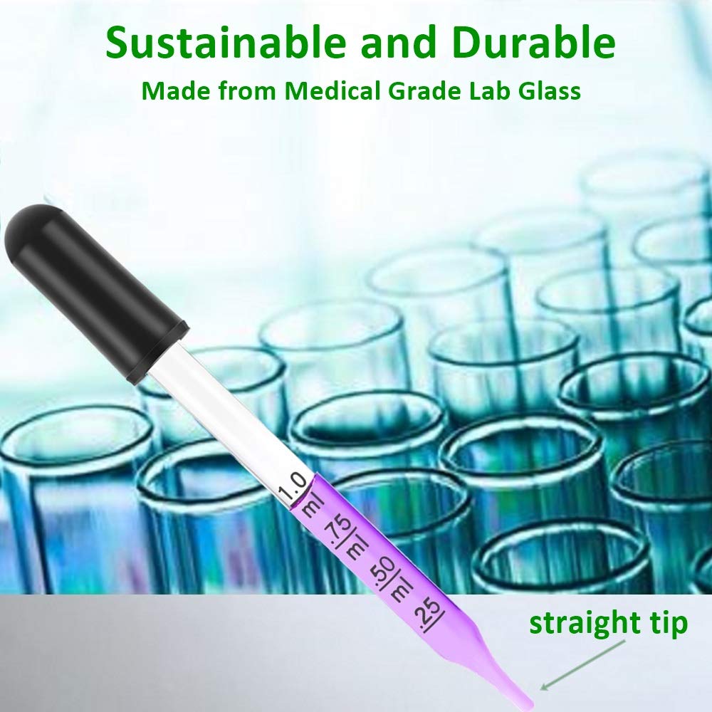 Pack of 12 Graduated 1ml, Glass Dropper with Black Suction Bulb, Medicine Eye Droppers 4" Straight Tip Calibrated for Essential Oils, Science Laboratory Medicine Art Liquid Plant Nutrients