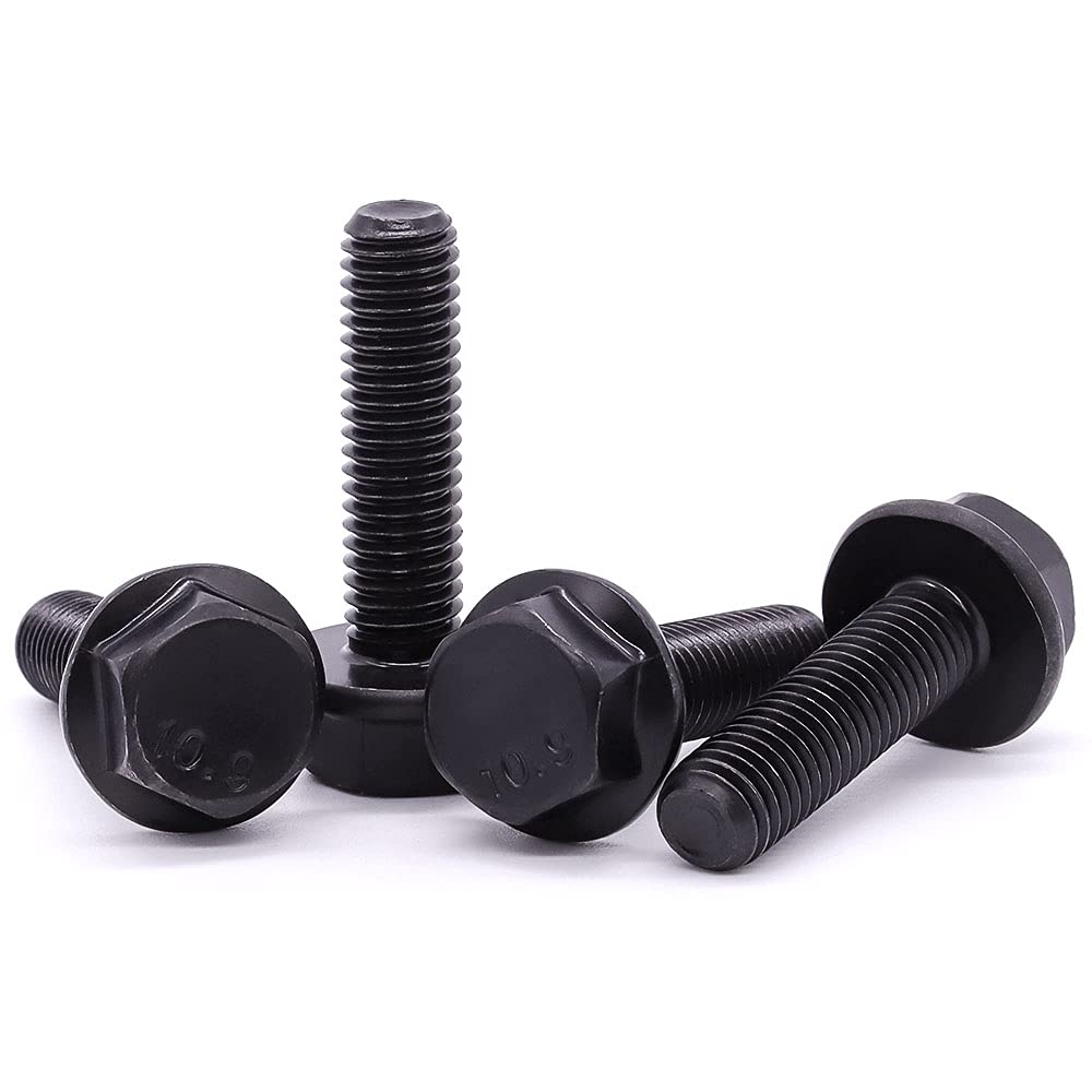 M10-1.5 x 20mm Flanged Hex Bolts Screws, 10.9 Grade Alloy Steel Hexagon Flange Bolts for Machinery Automotive, Black Oxide Finish, Full Thread, 10 PCS
