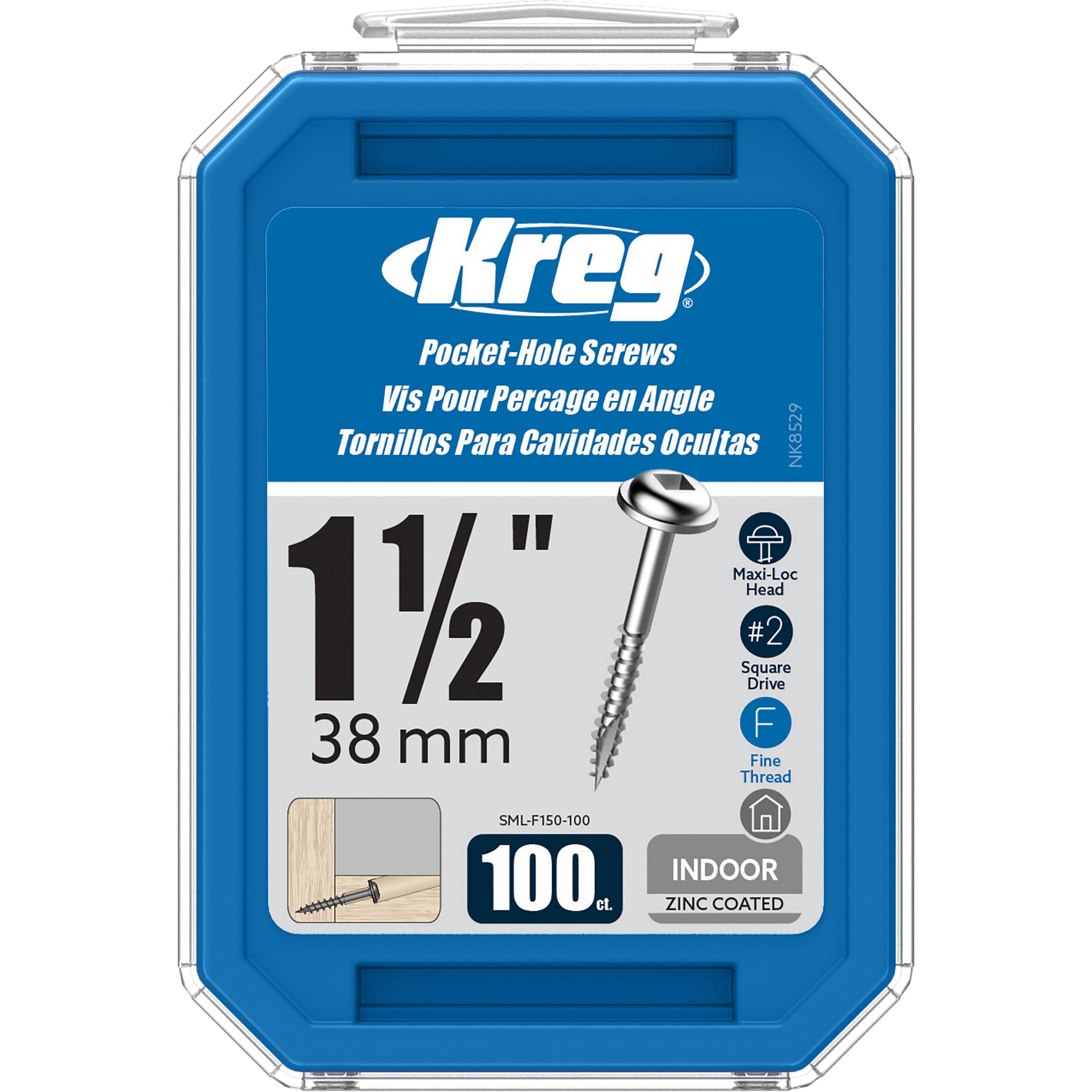 Kreg SML-F150-100 Zinc Pocket Screws, 1-1/2 Inch #7 Fine Thread, Maxi-Loc Head (100 Count)