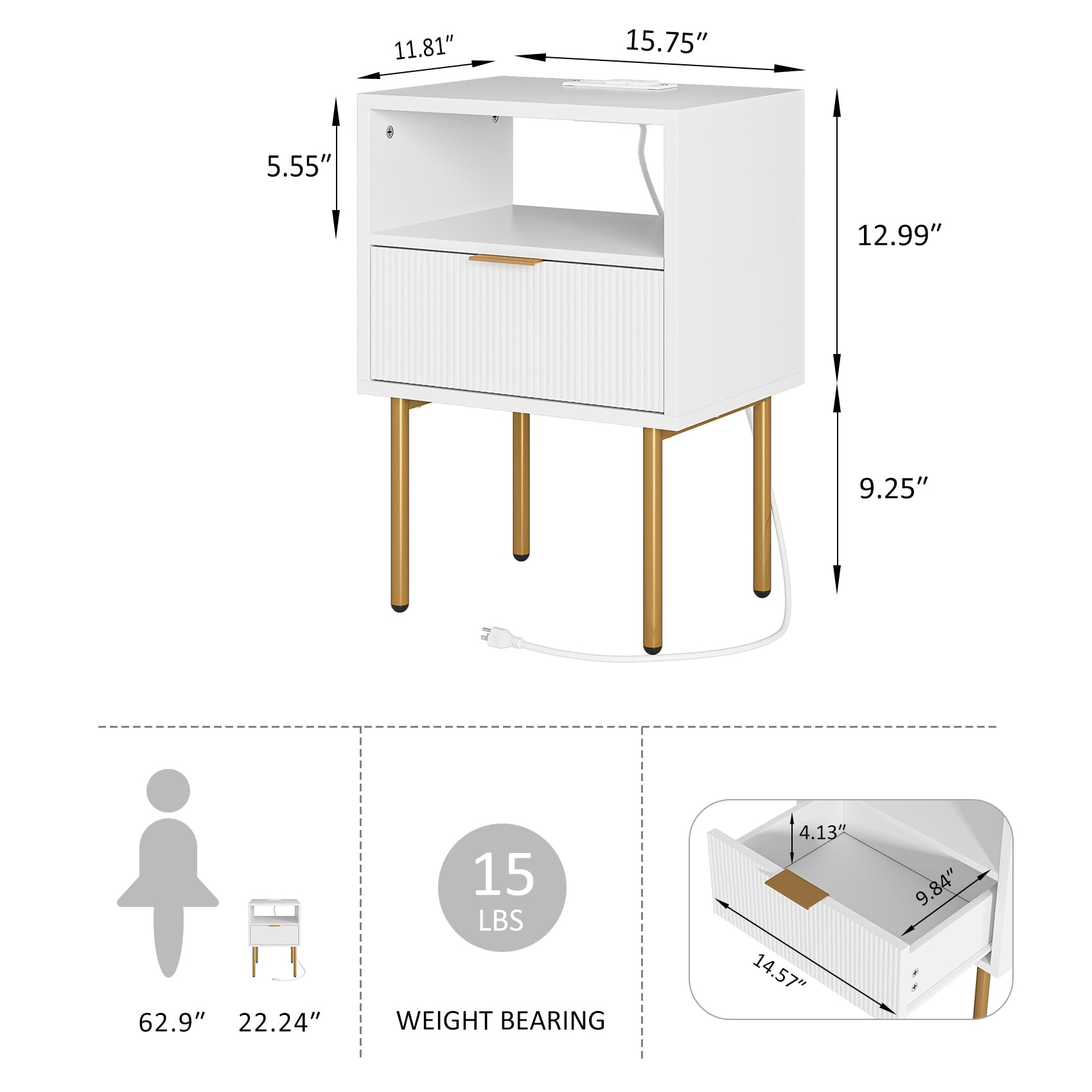 AEPOALUA Nightstand with Charging Station,Small Bedside Table with Gold Frame,White Night Stand,Bedside Furniture,Side Table with Drawer and Shelf for Bedroom,Living Room,Stripe