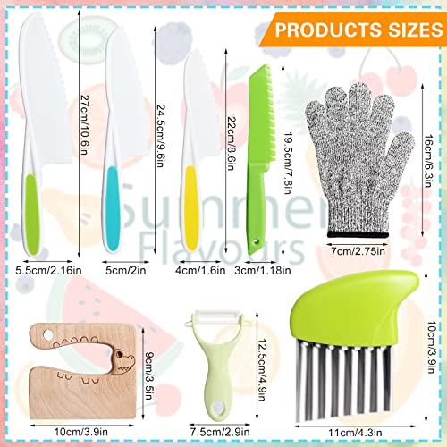 8 Pieces Kids Knife Set,Wooden Kids Kitchen Knives Set include 4 Plastic Toddler Safe Knives/Crinkle Cutter/Kids Cutting Board/Y-Peeler/Resistant Gloves for Cutting Veggies Fruit Cake Salad Bread
