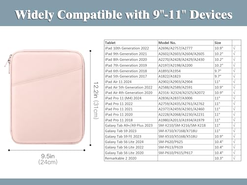 TiMOVO 9-11" Tablet Sleeve for iPad 10th Gen. 10.9", iPad 9th/8th/7th Gen. 10.2", iPad Air 11/Air 5th/4th Gen. 10.9",Galaxy Tab A9+/A9 Plus 11", Protective Bag with Pocket, Pink
