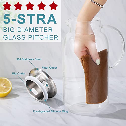 Glass Pitcher - Water Pitcher - Fridge Glass Pitcher with Lid Ice Tea Maker - 86OZ 18/8 Stainless Steel - Easy Clean Heat Resistant Borosilicate Glass Jug for Juice,Milk, Cold or Hot Beveragesā¦