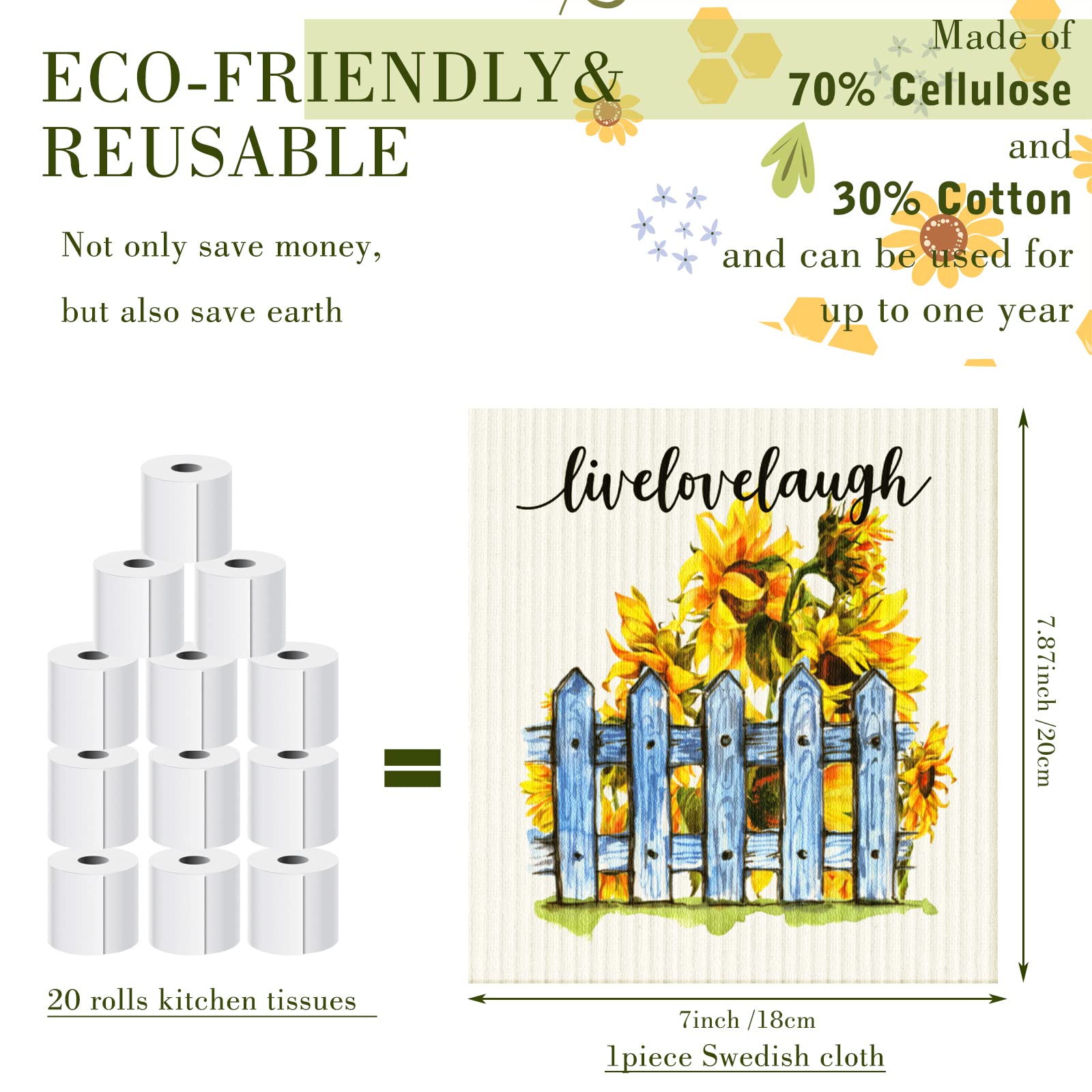 6 Pcs Swedish Kitchen Dishcloths Kitchen Towels, Absorbent Dish Towels, Reusable Sponge Cleaning Dish Cloths Quick Drying Washable Decorative Tea Towels No Odor Bar Hand Towel (Sunflower)