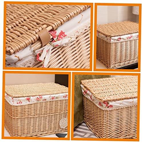COLLBATH 2pcs box Rattan Woven Clothes Bedroom and Bathroom Liner Desktop Storage Flower Rectangular for with Container Printed Clo Bin Cosmetic Lid Cube Rectangle Organizer Wicker