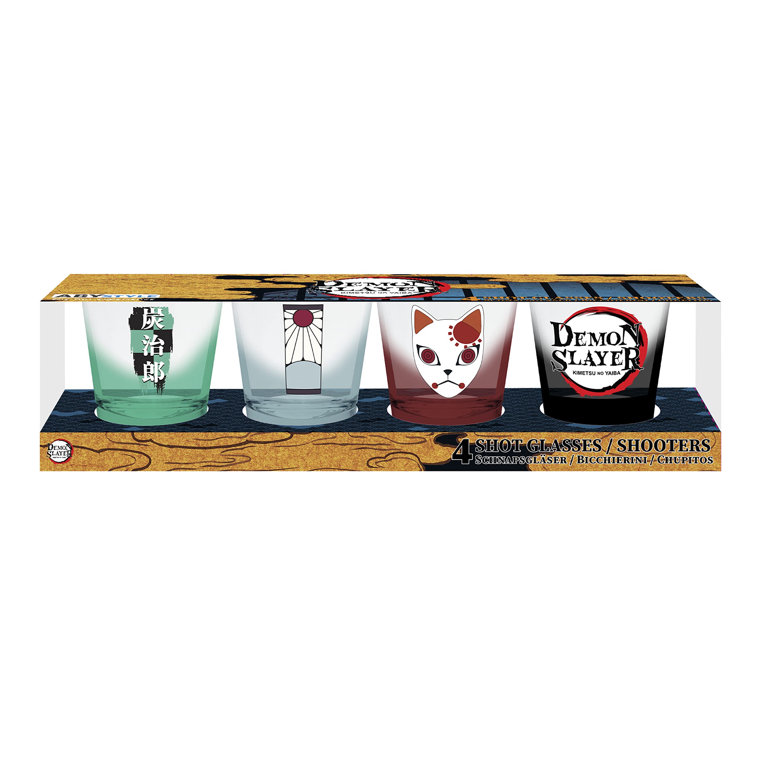 ABYSTYLE Demon Slayer Kimetsu No Yaiba Tanjiro Shot Glasses Tanjiro's haori, The Series Logo, Tanjiro's Warding Mask, and Tanjiro's Hanafuda Earrings Anime Manga Drinkware Gift 4 Pcs