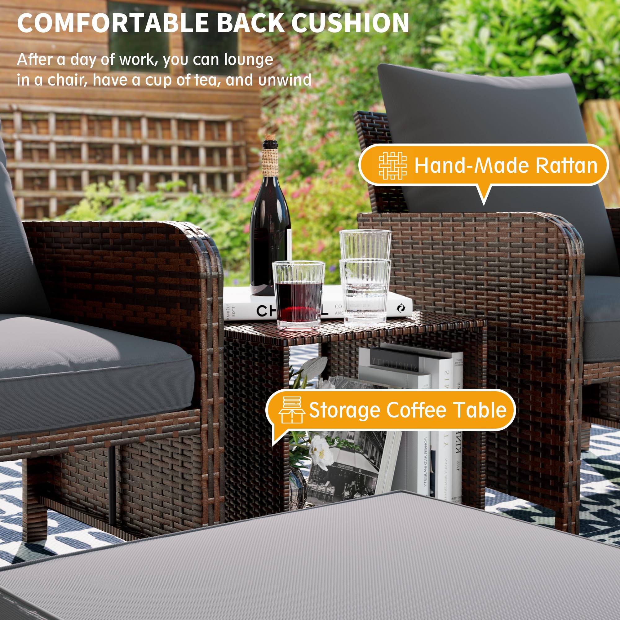 UDPATIO 5 Piece Patio Furniture Set, Outdoor Patio Conversation Rattan Chair with Ottomans w/Storage Coffee Table for Patio, Space Saving Design for Balcony Poolside Front Porch Deck, Navy