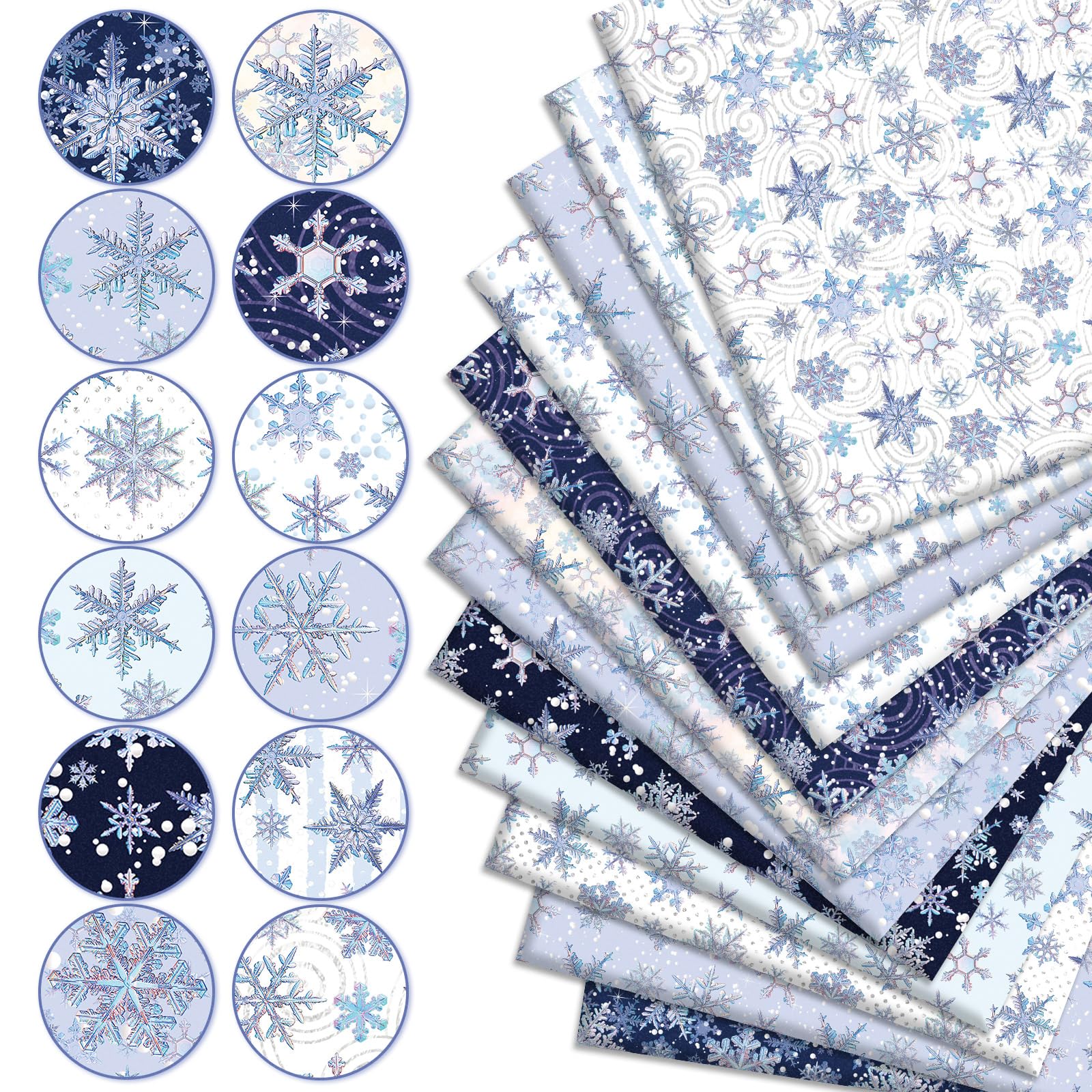 Whaline 12Pcs Winter Cotton Fabric Bundles Blue Purple Snowflake Fat Quarter Xmas Winter Quilting Patchwork for DIY Handmade Sewing Crafting, 18 x 22 Inch