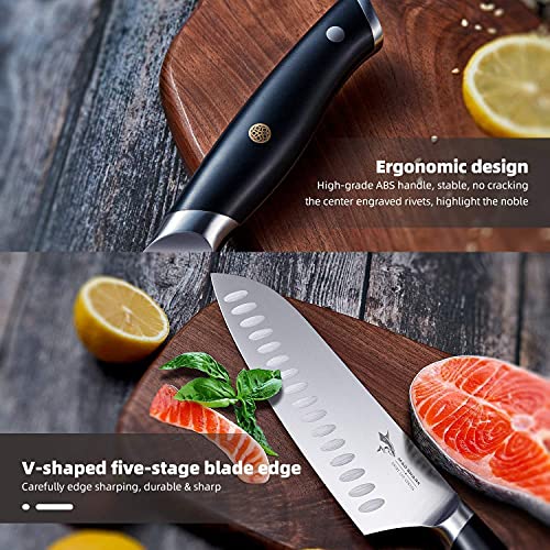 MAD SHARK Chef Knife, Professional 8 Inch Santoku Knife, Made of German High Carbon Stainless Steel, Non-stick Ultra Sharp Kitchen Knife with Ergonomic Handle, Finger Guard and Gift Box