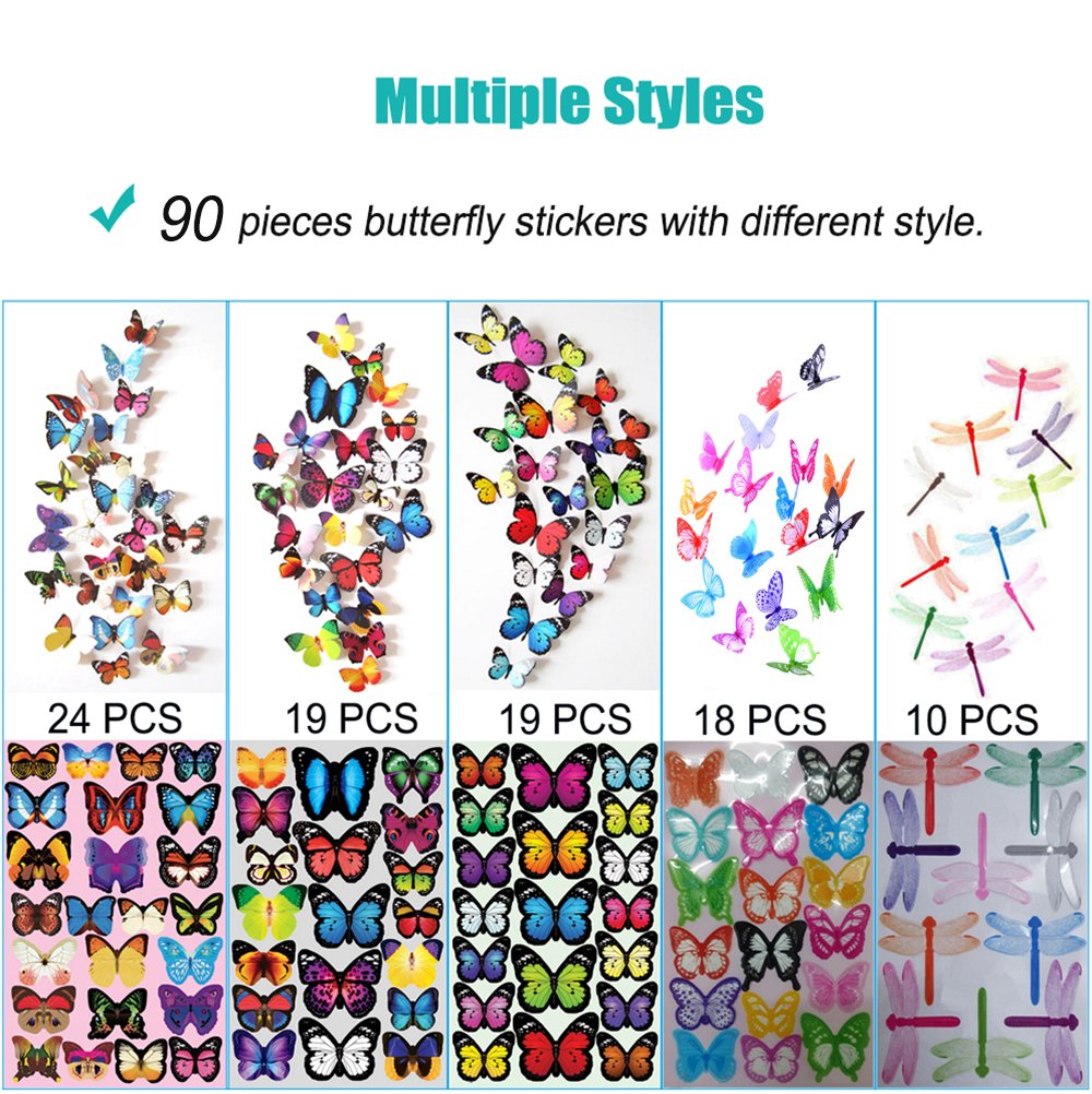 Heansun 90 PCS Butterfly Wall Decals Dragonfly, 3D Butterflies Removable Mural Stickers Wall Stickers Decal for Home Room Bedroom Nursery Decor