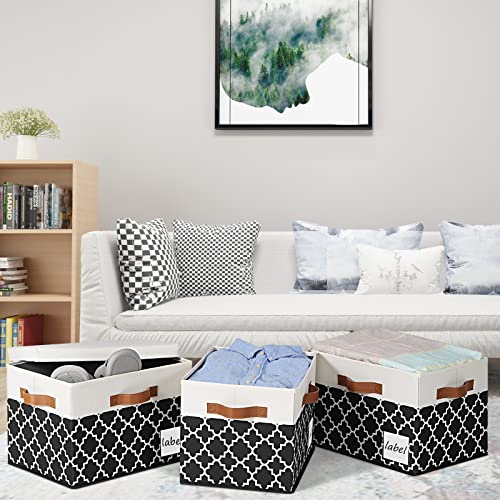 PFFVRP Large Storage Bins with Lids, Foldable Fabric Storage Baskets with Lids, Sturdy Storage Boxes with Labels and 3 PU Handles for Closet Home Bedroom Office (26L, 3 Packs, Black Plaid&White)