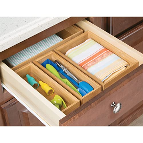 mDesign Wooden Bamboo Drawer Organizer - 9" Long Stackable Storage Box Tray for Kitchen Drawers and Cabinet - Utensil, Silverware, Spatula, and Flatware Holder - Echo Collection - 4 Pack, Natural Wood