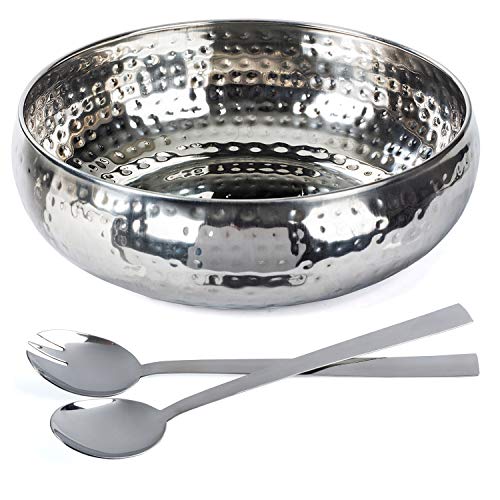 Salad Bowl and Serving Utensils - Hammered Detailing - Stainless Steel - Luxurious Serving Bowls By Colleta Home (12" Hammered Salad Bowl)