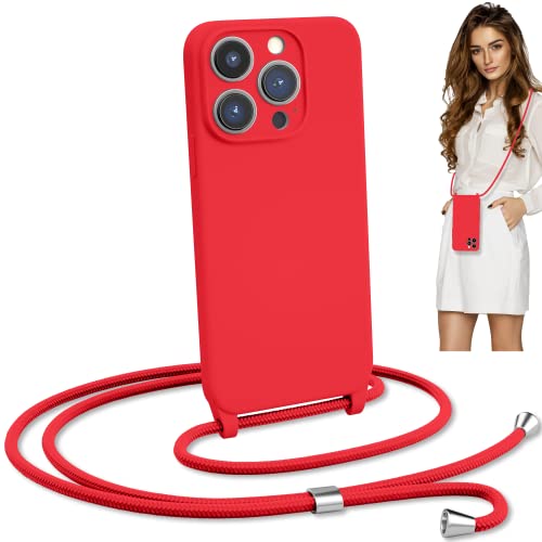 blaspins Crossbody Lanyard Strap Case for iPhone 14 Plus, Neck Cross Body, Adjustable Holder Removable, Drop Protection Shockproof, Hands-Free Silicone Case 6.7 inch, 150 cm Strap, iP14Plus - Red