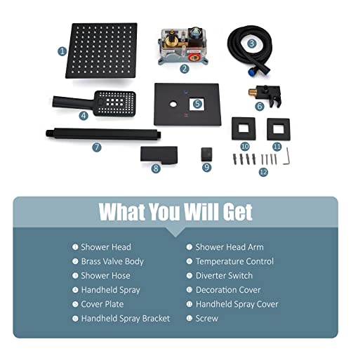 Aolemi Matte Black Shower System Ceiling Mount 12 Inch Rain Shower Head with 3 Functions ABS Handheld Spray Luxury High Pressure Shower Combo Set Rough-in Valve and Shower Trim Included Bathroom