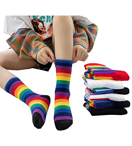 5 Pack Kids Toddler Big Little Girls Cotton Crew Socks Rainbow Stripes Cute Fun Socks