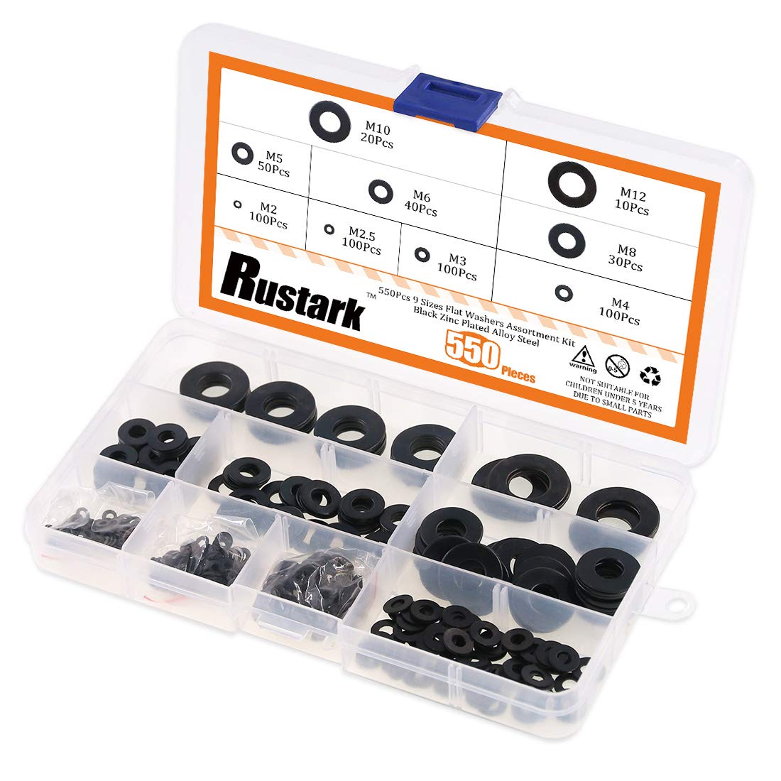 Rustark 550-Pcs [9 Sizes] Black Zinc Plated Alloy Steel Flat Washers Set Hardware Assortment Kit - M2 M2.5 M3 M4 M5 M6 M8 M10 M12
