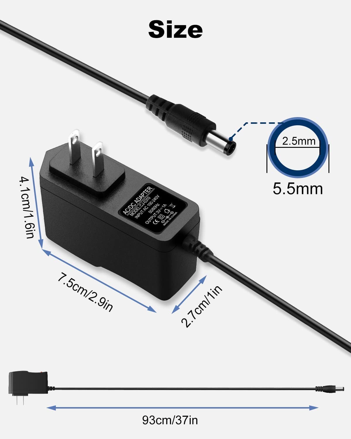 3A 1A DC Power Supply Adapter 3 Volt AC Adapter 100-240V 50-60Hz AC to DC 3V 1A Power Adapter, 3V DC Power Suply 1A Transformer with 5.5mm x 2.5mm Tip for Mini Fan Electric Toothbrush Fountains