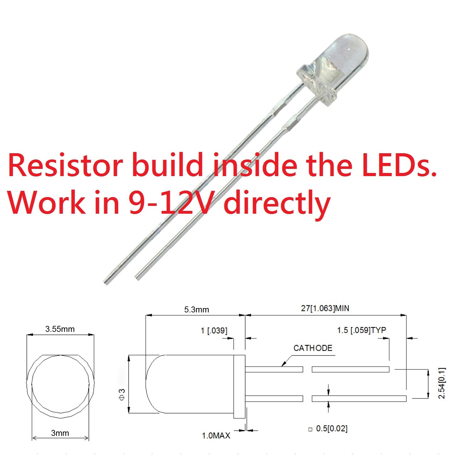 50pcs 12V 3mm White LED 9V Gauge Cluster Instrument Light Emitting diodes(White Blue Green Yellow red, Optional in Listing) 0.06 watts