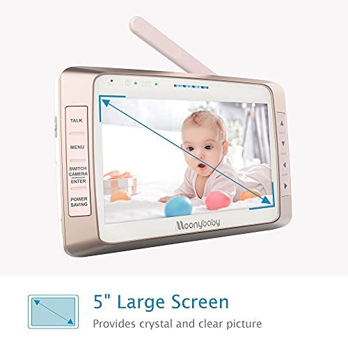 Moonybaby Trust 50s Baby Monitor No WiFi, 15 Hours Long Battery Life, 1000ft Long Range, 5" Display, Auto Night Vision, 2-Way Audio, Temperature Sensor, Lullabies, Power Saving/Voice Activation, Pink