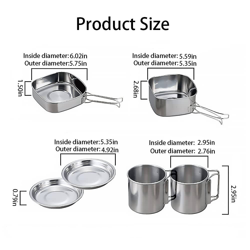 6pcs Portable Camping Cookware Mess Kit for Camping 2 Person Stainless Steel Compact Camping Cooking Set Lightweight Backpacking Cook Set for Camping&Hiking