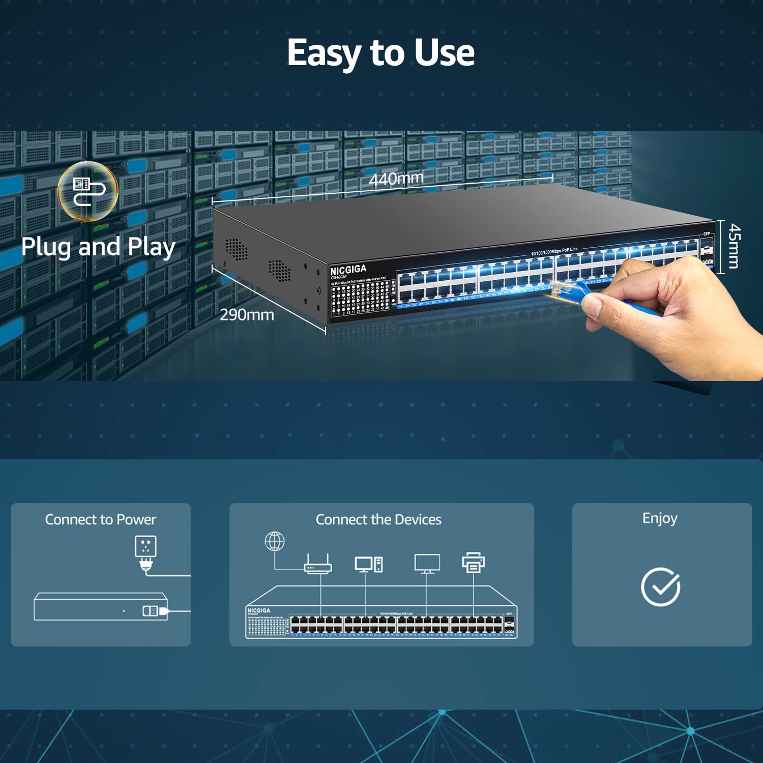 48 Port Gigabit Ethernet Switch Unmanaged + 2 x 1G SFP Port, NICGIGA Network Switch, Rack Mount, Plug and Play