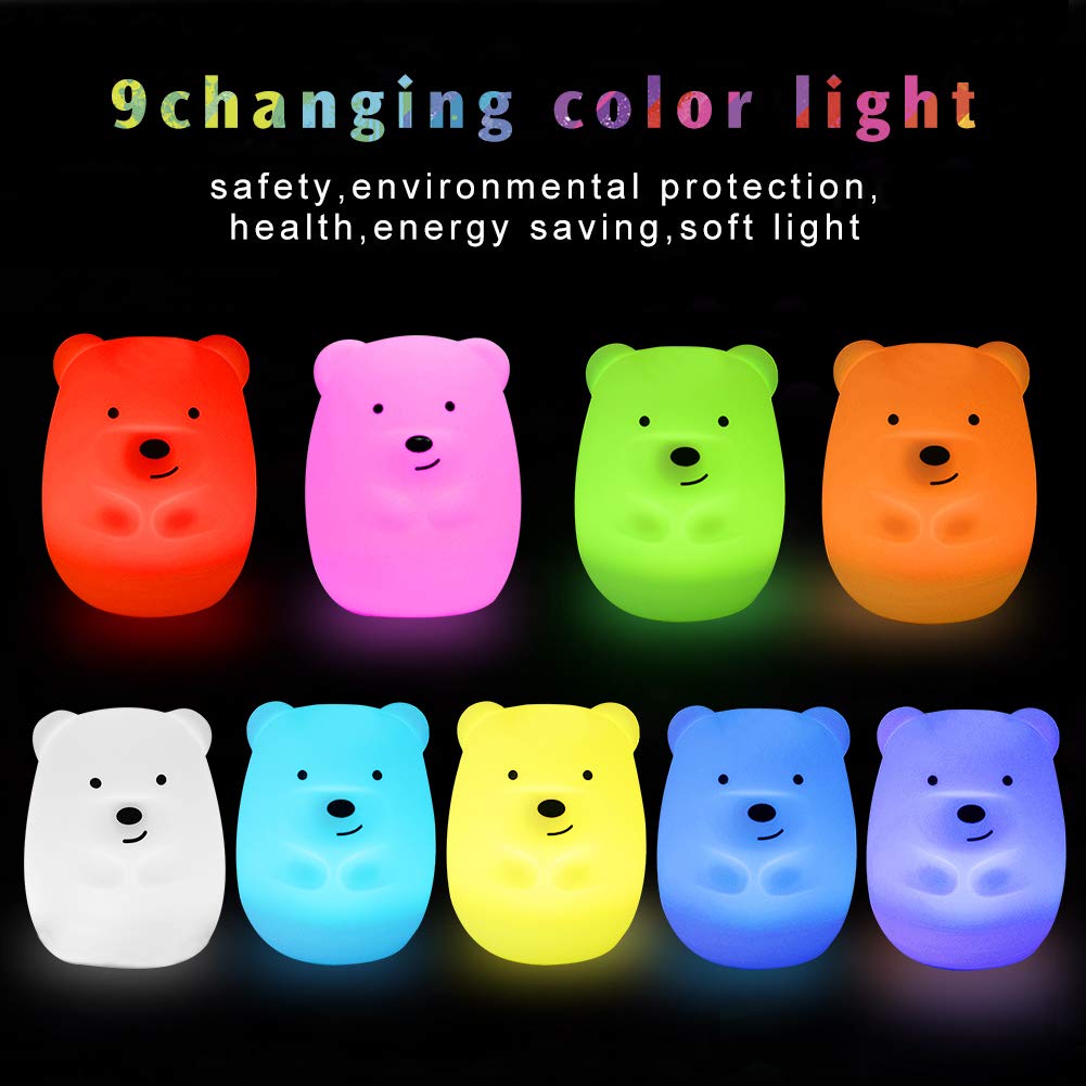 Yuede Kids Night Light for Bedroom, Silicone USB Rechargeable Night Lights, 9 Colors Change with Touch Sensor and Remote Control for Baby/Kids/Adult Gifts (Bear)