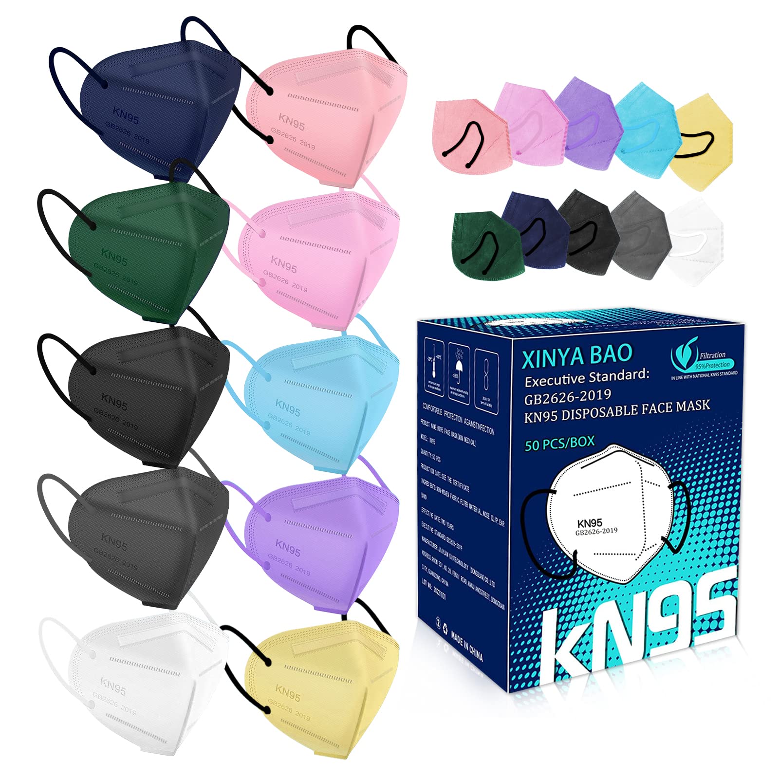 XINYA BAO 50 Pack KN95 Disposable Face Mask - 5-Ply Breathable Safety Masks Against PM2.5, Dispoasable Respirator Protection Mask for Men and Women Multi Color.