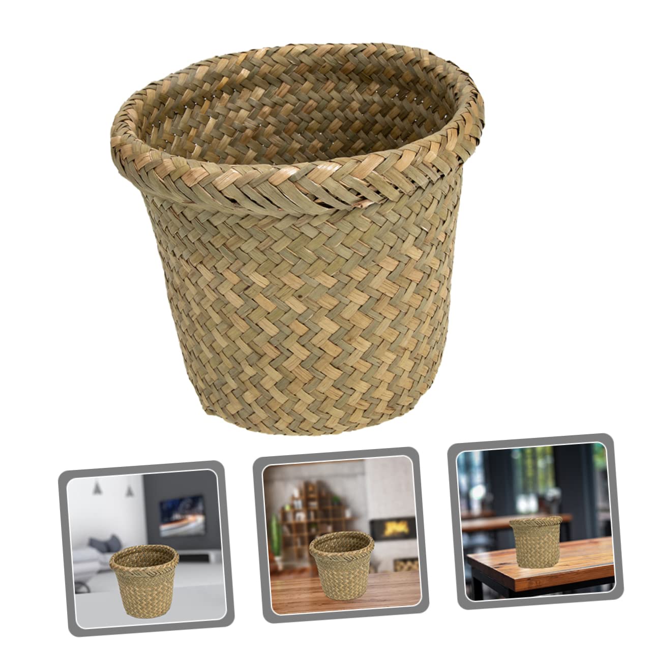 Hohopeti Woven Trash Can Bedroom Garbage Bin Rattan Straw Woven Waste Basket for Living Room Kitchen Bathroom Office Decorative Storage Container