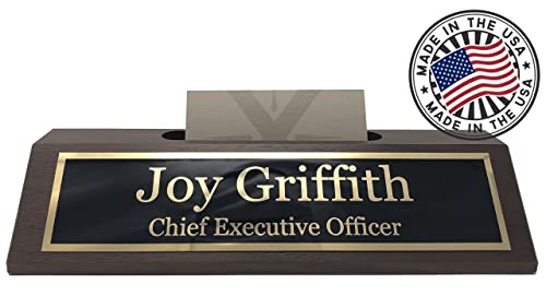 Griffco Supply Desk Name Plate Personalized - Name Plate for Desk with Card Holder - PhD Graduation Gifts Genuine Hardwood Nameplate for Desk - Made in USA Custom Plaque (Walnut)