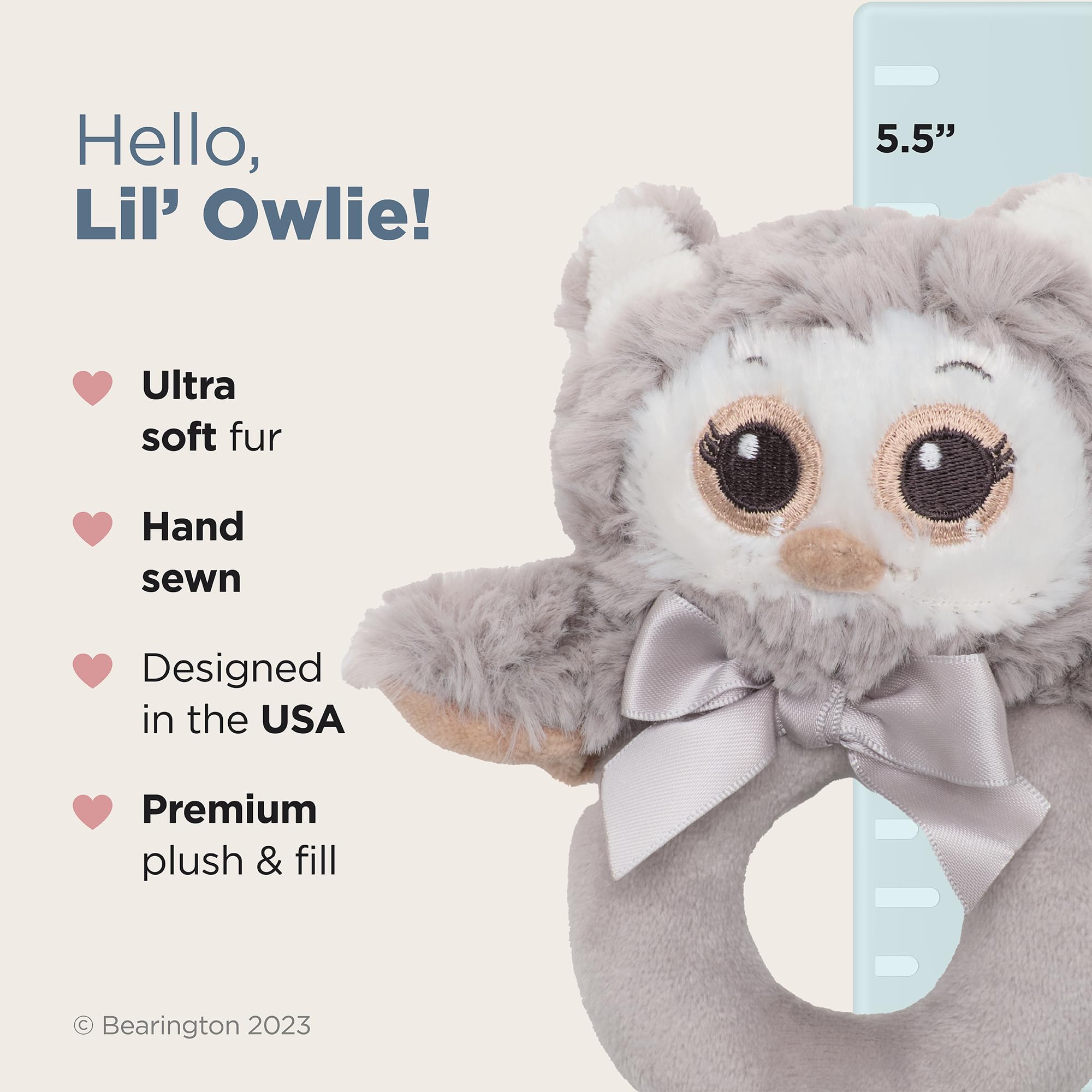 Bearington Baby Lil' Owlie Plush Stuffed Animal Gray Owl Soft Ring Rattle, 5.5"