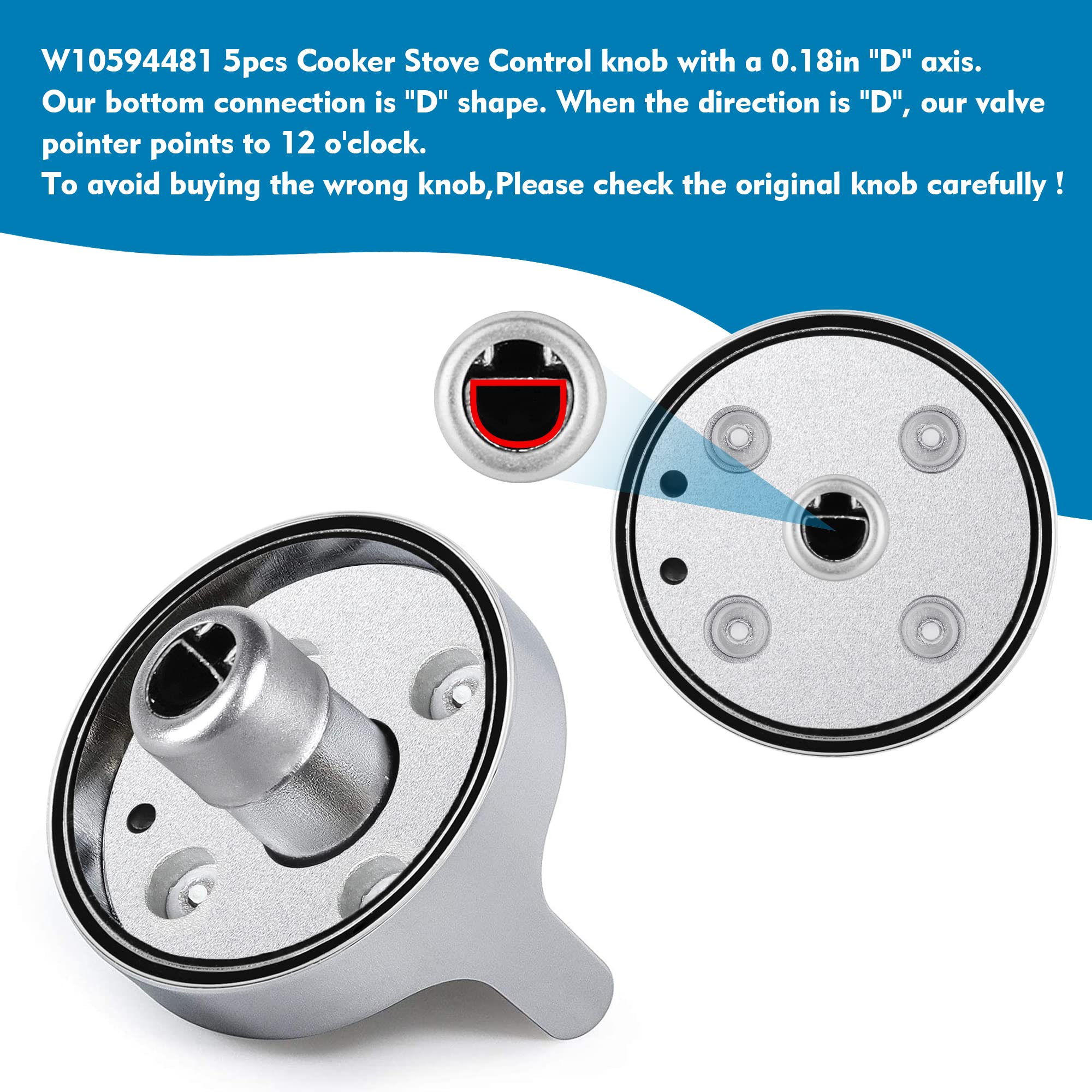 5 Pack W10594481 Stainless Steel Gas Stove Knobs for Whirlpool Stove/Range Replaces WPW10594481 AP6023301 PS11756643