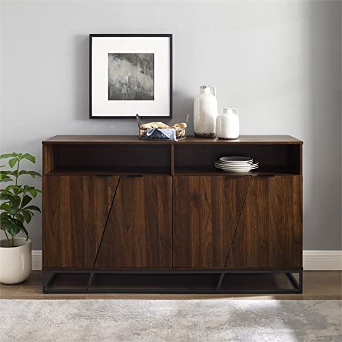 Walker Edison Angled Door Cabinet-Sideboard-Buffet with Open Shelf Storage, 58, Dark Walnut