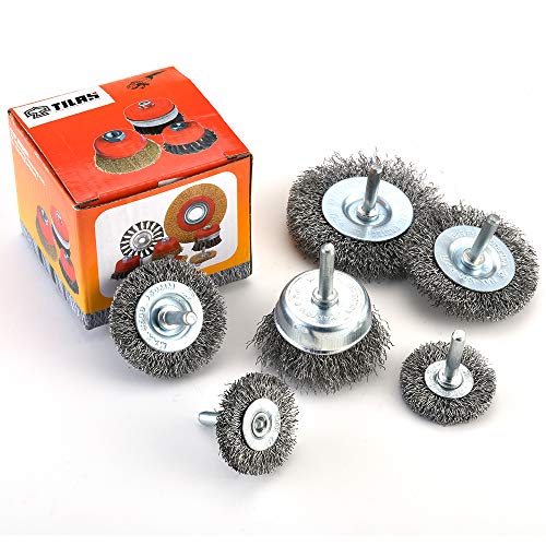 TILAX Wire Brush Wheel Cup Brush Set 6 Piece, Wire Brush for Drill 1/4 Inch Arbor 0.012 Inch Coarse Carbon Steel Crimped Wire Wheel for Cleaning Rust, Stripping and Abrasive, for Drill Attachment