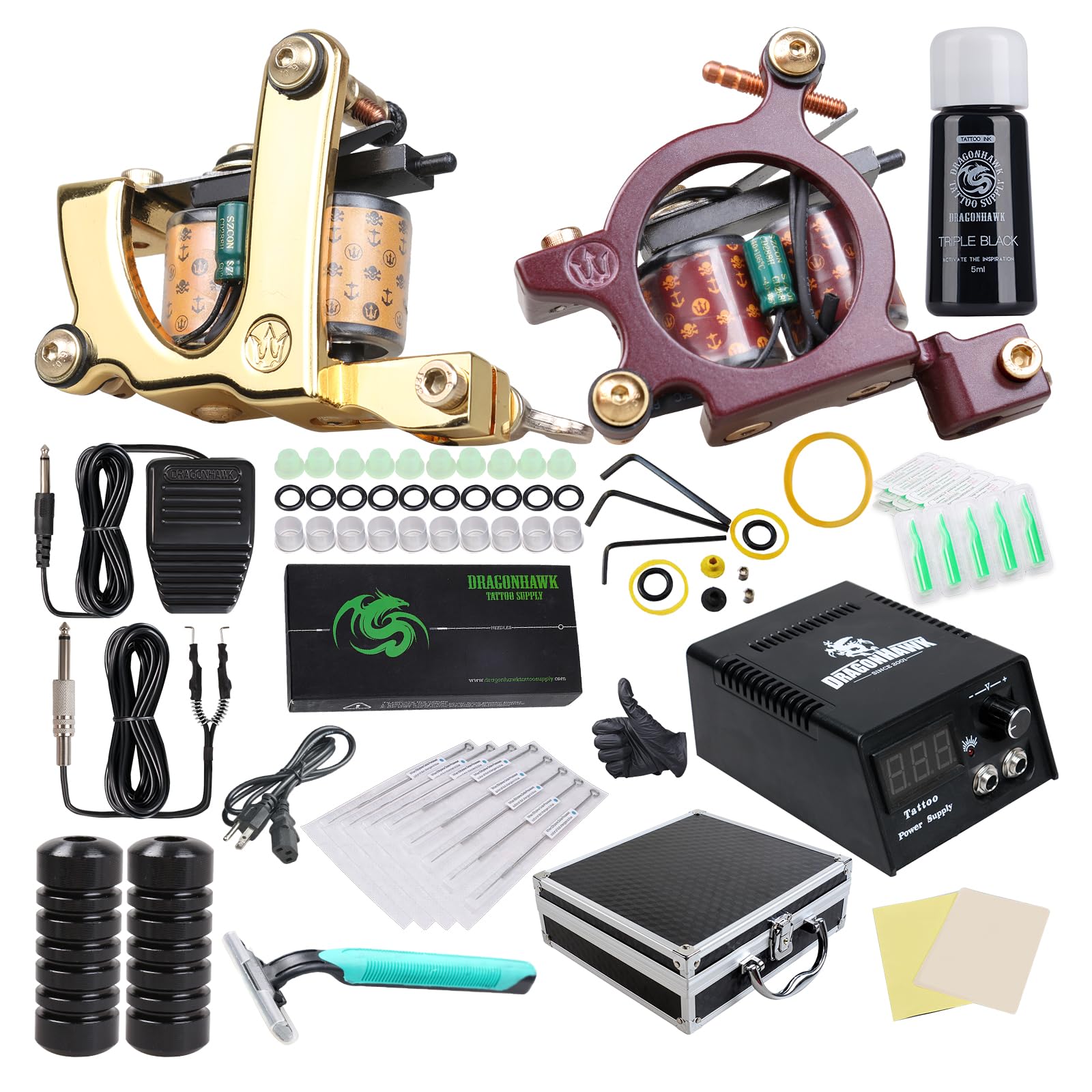 Dragonhawk Complete Tattoo Kit for Beginners 2 Pro Tattoo Machine Tattoo Power Supply Kit Tattoo Inks 20 Tattoo Needles Tips Tattoo Supplies