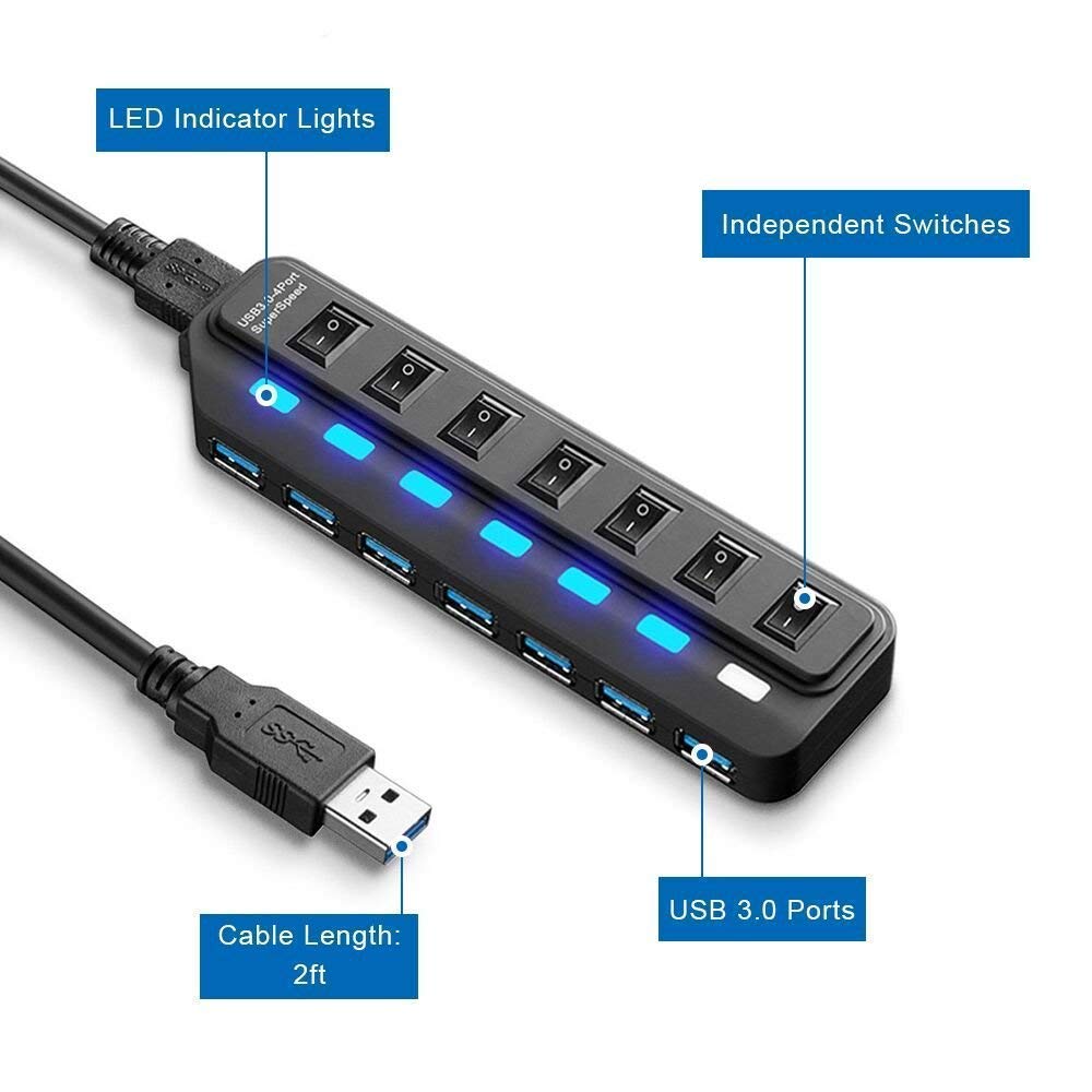 USB HUB - USB 3.0 Ports with Individual Power Switch, Data Splitter & Power Hub (7 Ports)