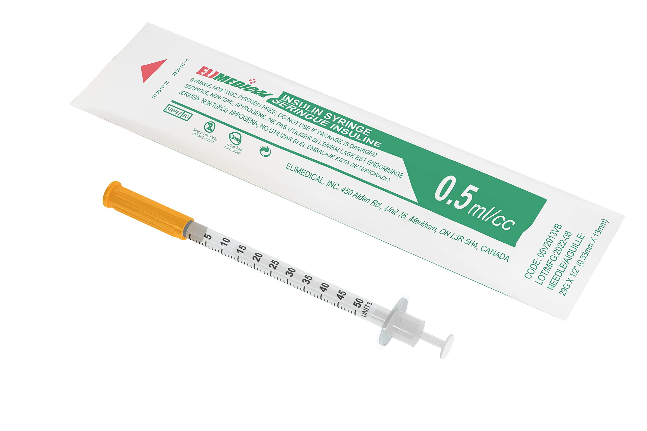 Elimedical Veterinary Insulin Syringe, U-100, 0.5cc (ml), 29g x 1/2 inch (12.7mm), Individually Packed, for Pet Cat or Dog, 100 per Box, 05V2913VB