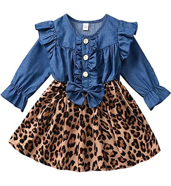 Toddler Baby Girl Long Sleeve Fall Dress Infant Denim Leopard Ruffle Dresses Cheetah Outfit, Blue, 2-3T