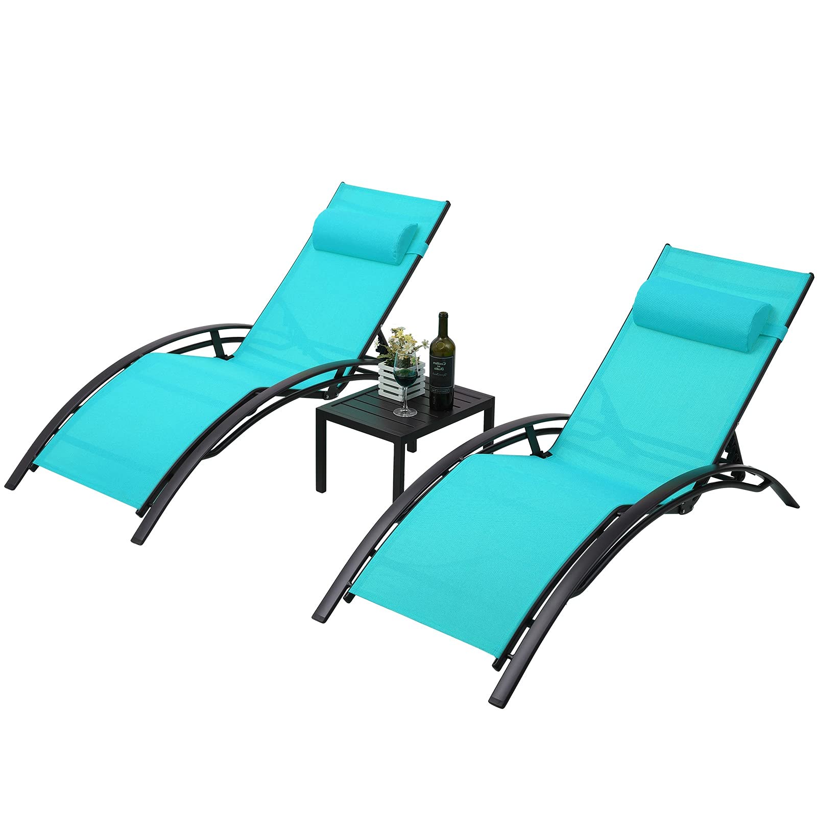 AthLike 3 pcs Poolchairs Patio Chaise Lounge Set with Headrest, 5-Level Adjustable Sunbathing Tanning Poolside Recliner Chairs with Side Table for Outdoor Beach (Black)
