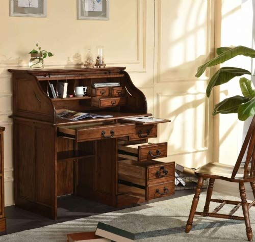 Small Home Office or Student Roll Top Desk- Solid Oak Wood Single Pedestal 40.5Wx24Dx45H BW Organizer Desk Quality Crafted Construction Locking File Drawers Dovetailed Secretary Desk Easy Assembly