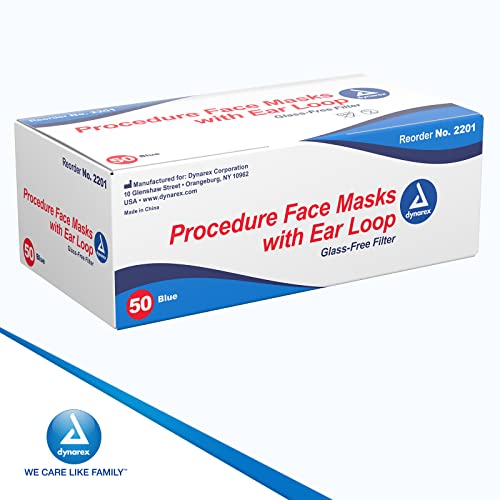 Dynarex Disposable Face Mask with Ear Loops- Breathable Blue Medical Procedure Protective Covering, Box of 50