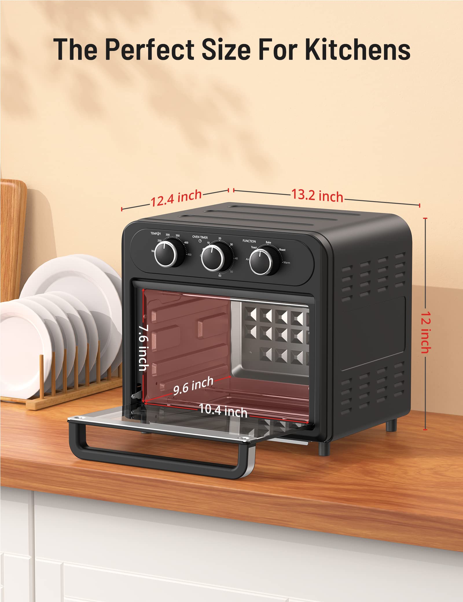 Air Fryer, Paris Rhône 14.8 Quart Toaster Oven, 5-in-1 Convection Oven for 4-Slice Toast, 9-inch Pizza, Knob-Controlled Kitchen Countertop Appliance with 6 Accessories, Dishwasher Safe
