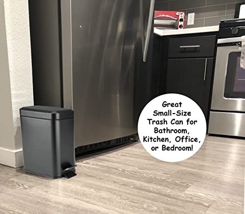 Soft Close, Rectangular Trash Can 5L with Anti - Bag Slip Liner and Lid, Use as Mini Garbage Basket, Slim Dust Bin, or Decor in Bathroom, Restroom, Kitchen, or Bedroom (5L / 1.3 Gallon, Matte Black)