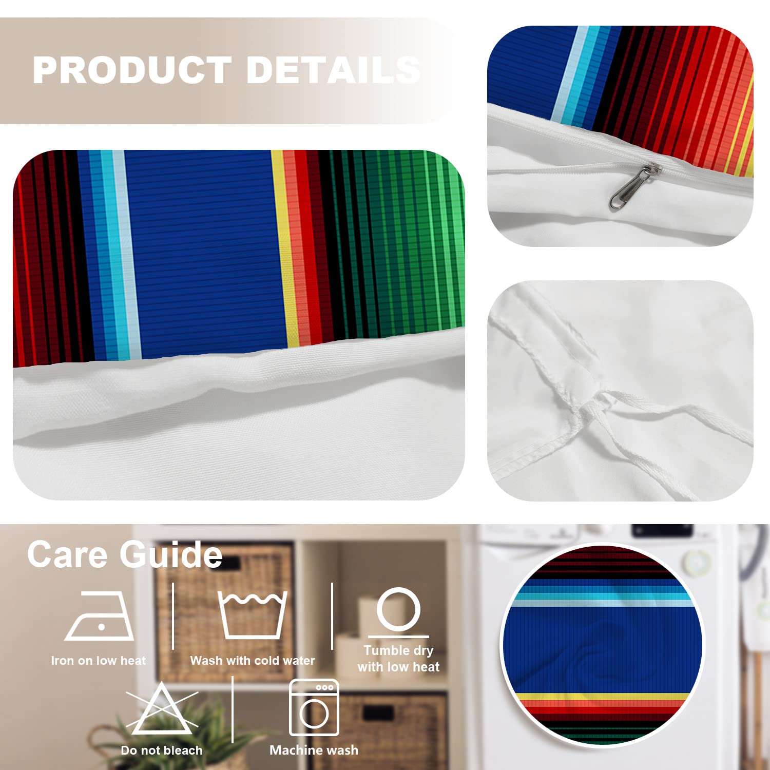 BaoNews Purplish Blue Mexican Stripes Duvet Cover Set King Size,3 Pieces Red Ethnic Serape Bedding Set Hotel Quality 100% Cotton Comforter Cover Set with 2 Pillowcases(No Filler)