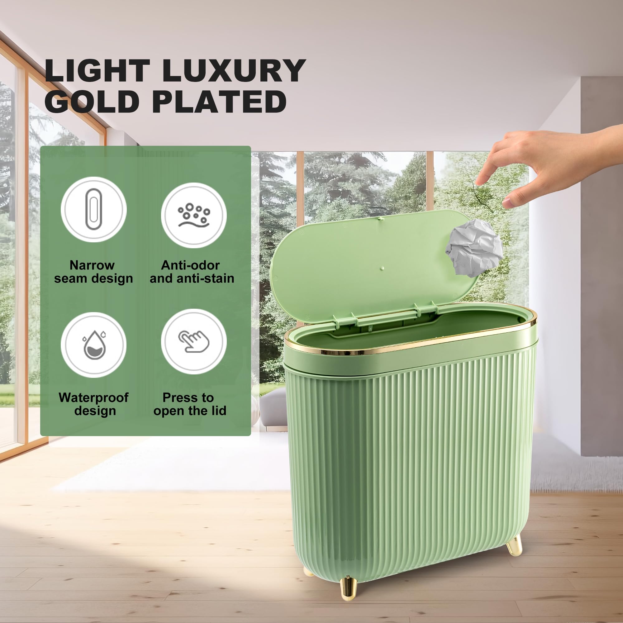 Supteron Bathroom Trash Can with Lid 3.2 Gallon Narrow Trash Can Small Plastic Trash Bin 12 Liter with Press Type Lid for Bedroom Bathroom, Mint Green