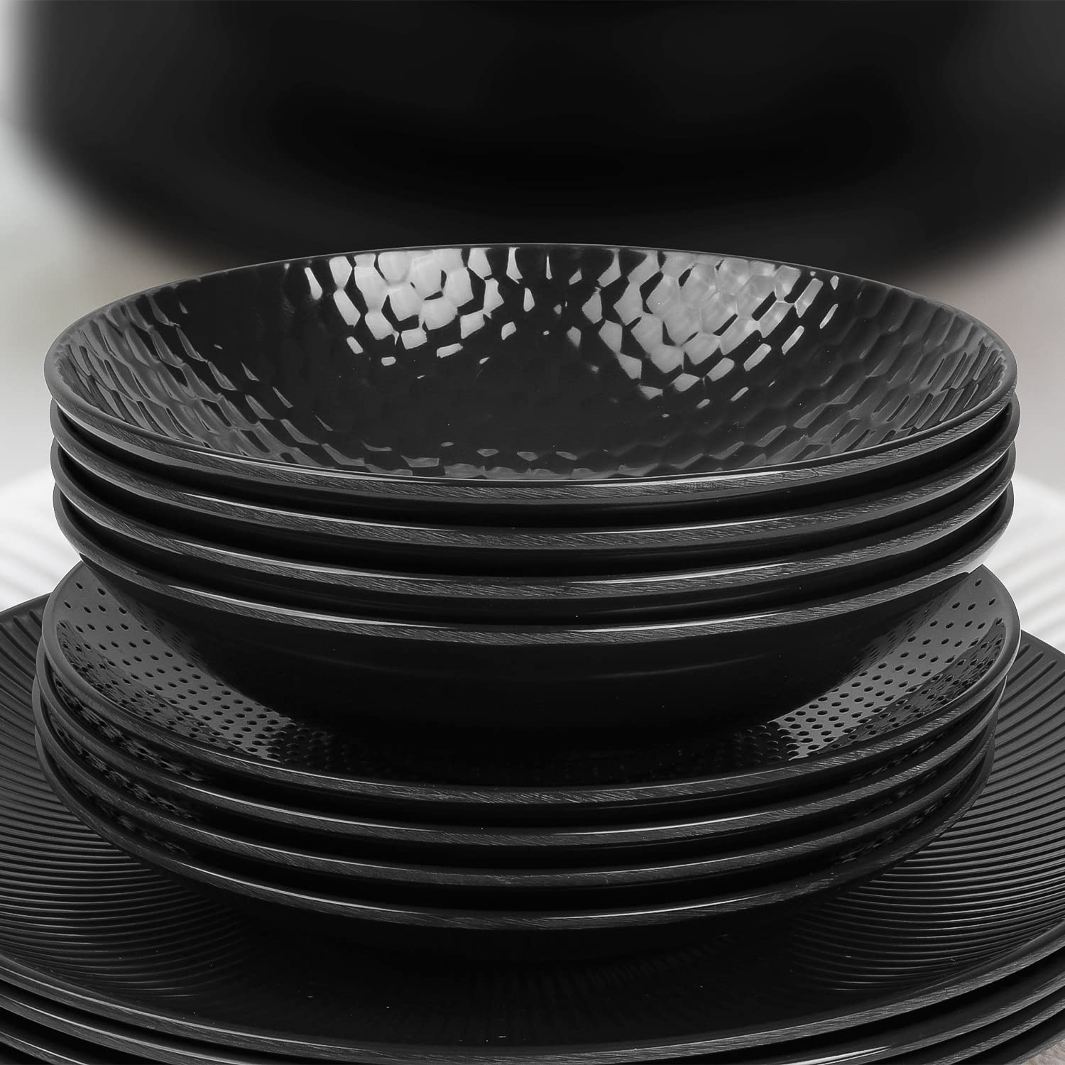 afcevnlb Black Dinnerware Sets 12 pcs Melamine Plates and Bowls Sets Round Dinner Set with Plates, Dishes, Bowls and Serving Platters, Kitchen Dinnerware Sets for 4