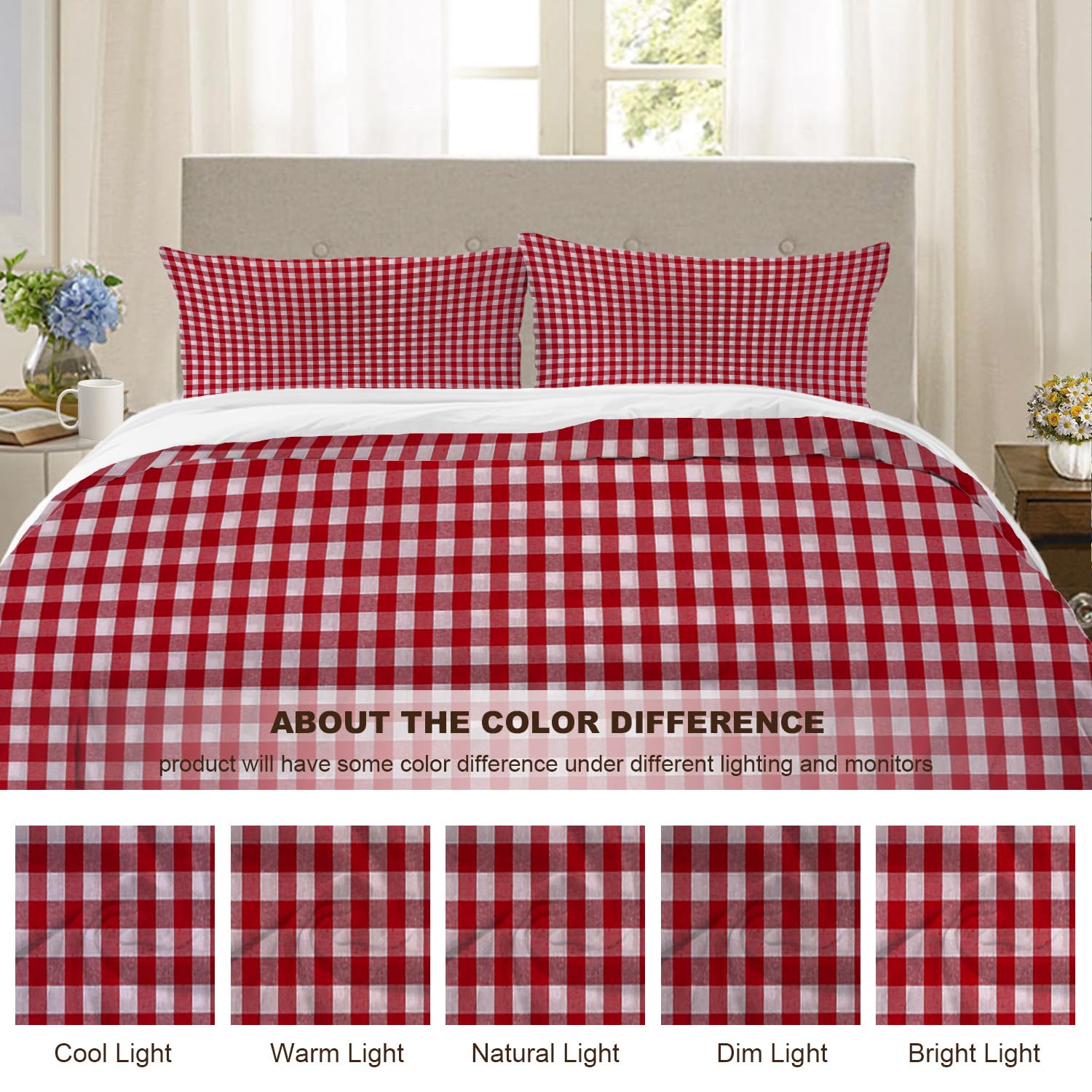 BaoNews Red White Checkered Duvet Cover Set Full Size,3 Pieces Square Red and White Gingham Bedding Set Hotel Quality PolyesterComforter Cover Set with 2 Pillowcases(No Filler)