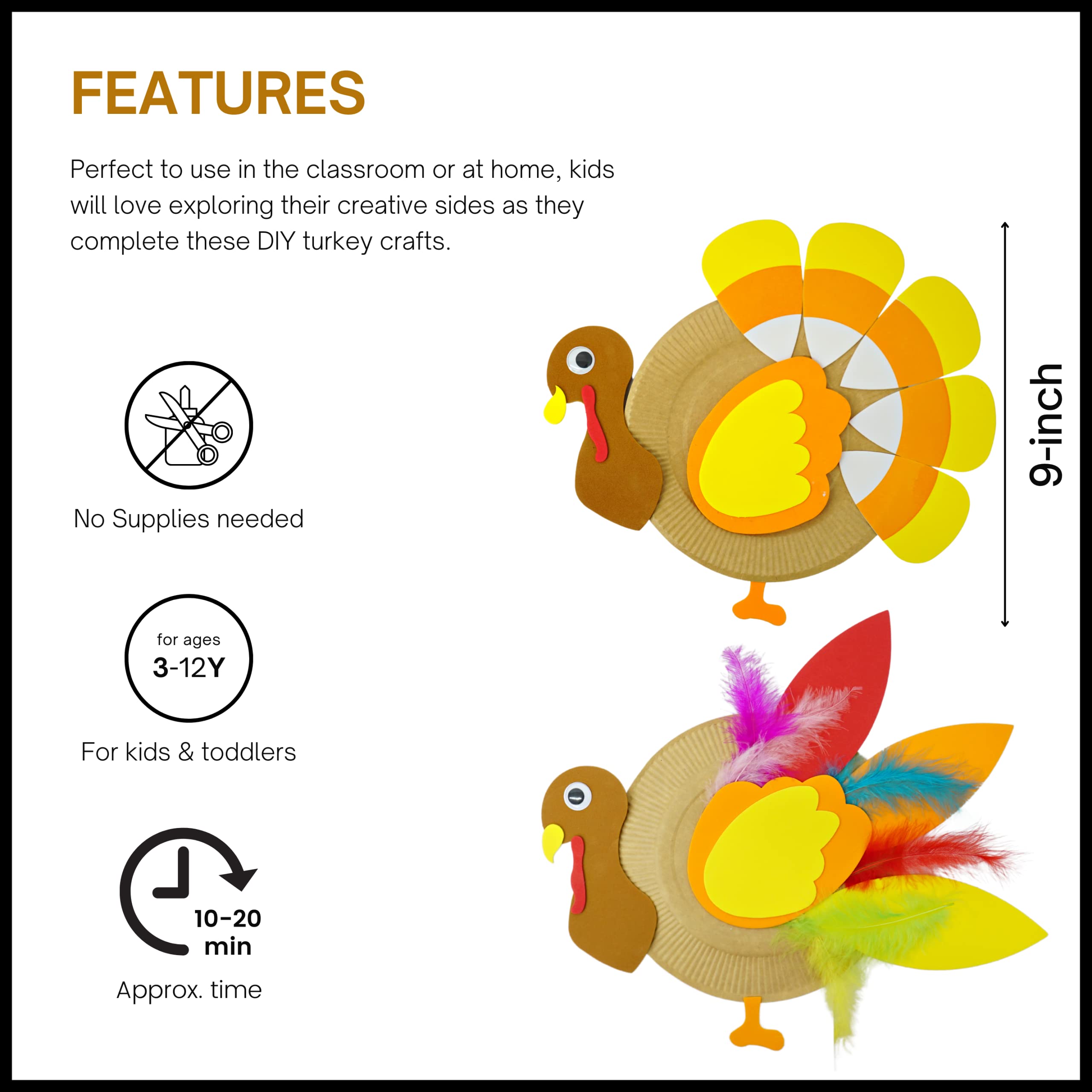 4E's Novelty Turkey Plate Craft for Kids (12 Pack) 2 Styles, Self Adhesive, Fall Thanksgiving Crafts for Kids & Toddlers Ages 4-8, 3-12 Fun Thanksgiving Activity & Dinner Game